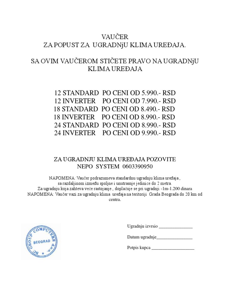 Za Ugradnju Klima Uređaja Pozovite NEPO SYSTEM 0603390950 | PDF