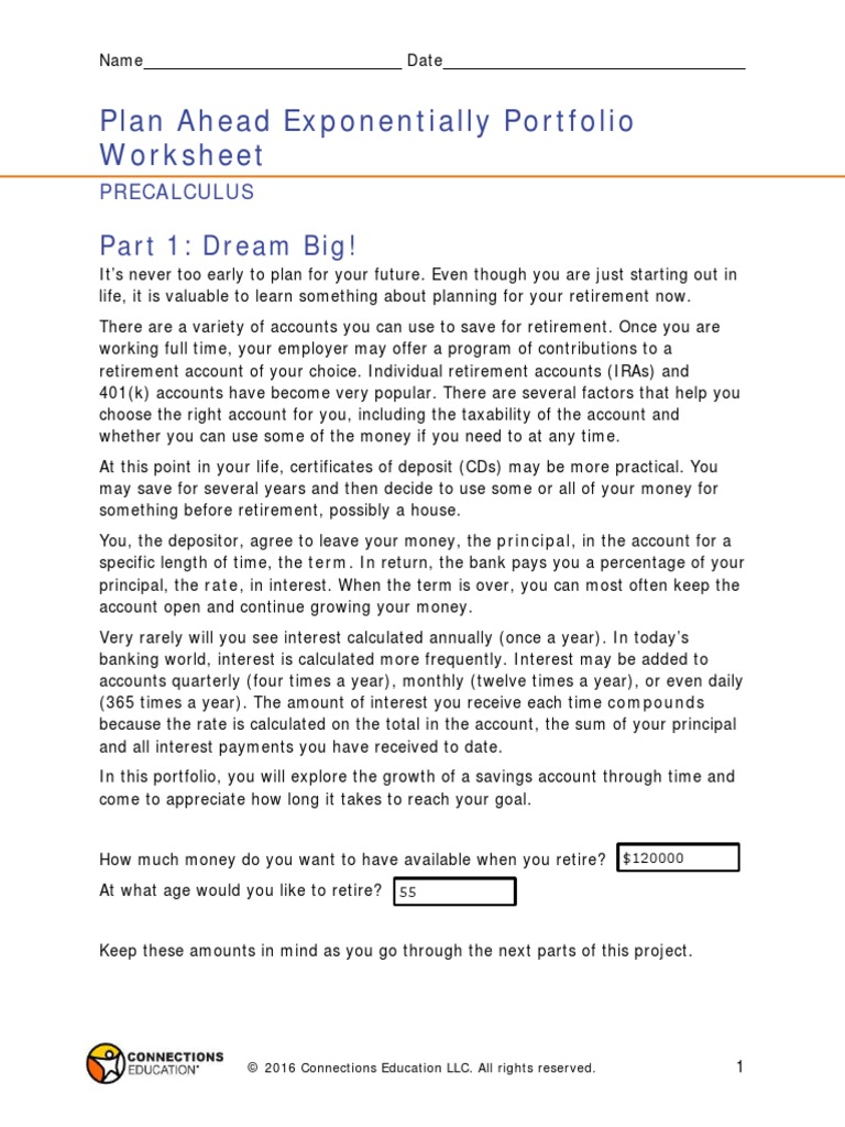 Plan Ahead Exponentially Portfolio Worksheet: Part 1: Dream Big! | PDF ...