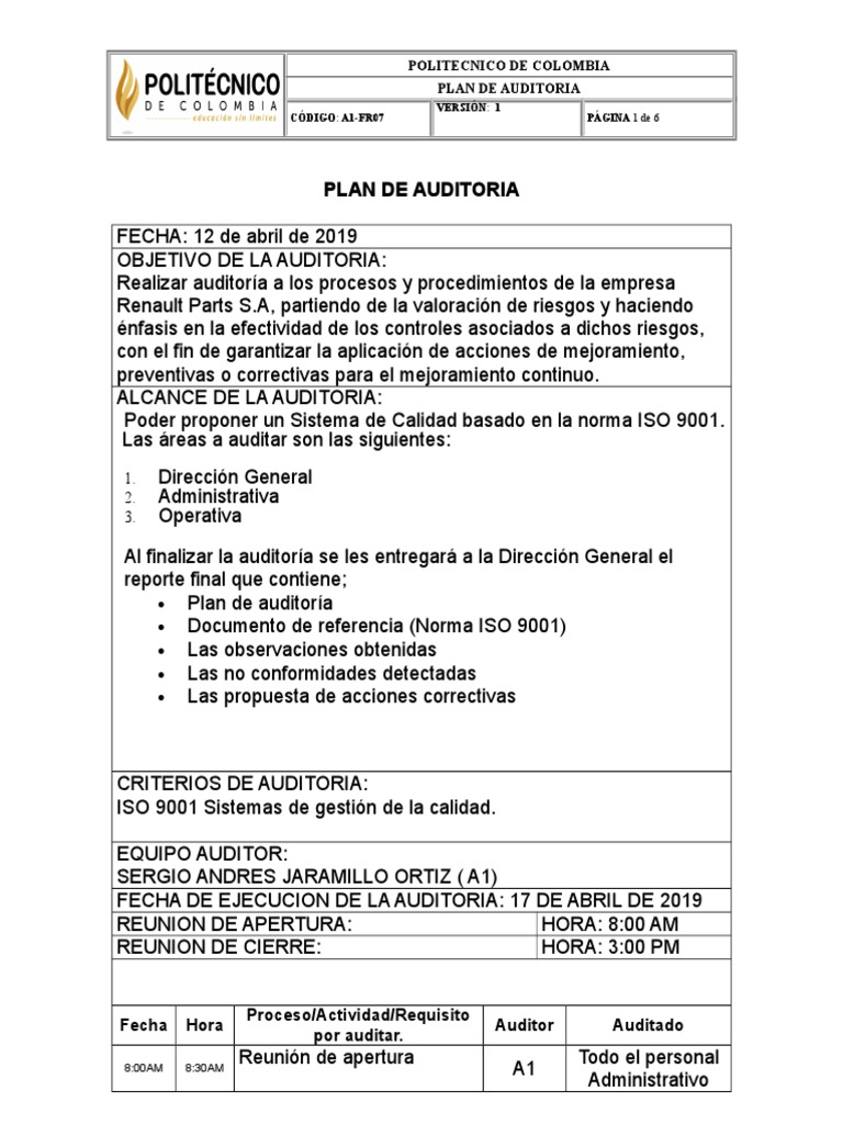 Modelo - Plan de Auditoria | PDF | Auditoría | Business