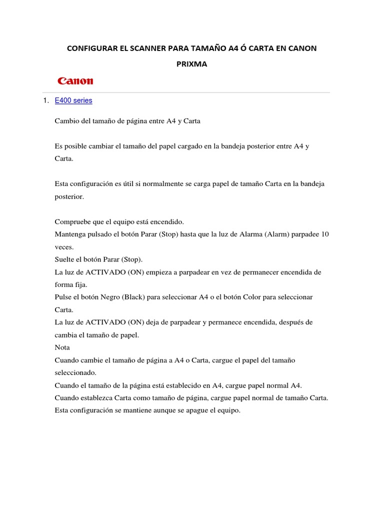 Configurar El Scanner para Tamaño A4 Ó Carta en Canon Prixma E400 ...