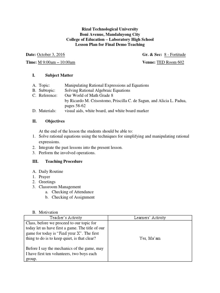 Lesson Plan For Manipulating Rational Expressions Ad Equations | PDF ...