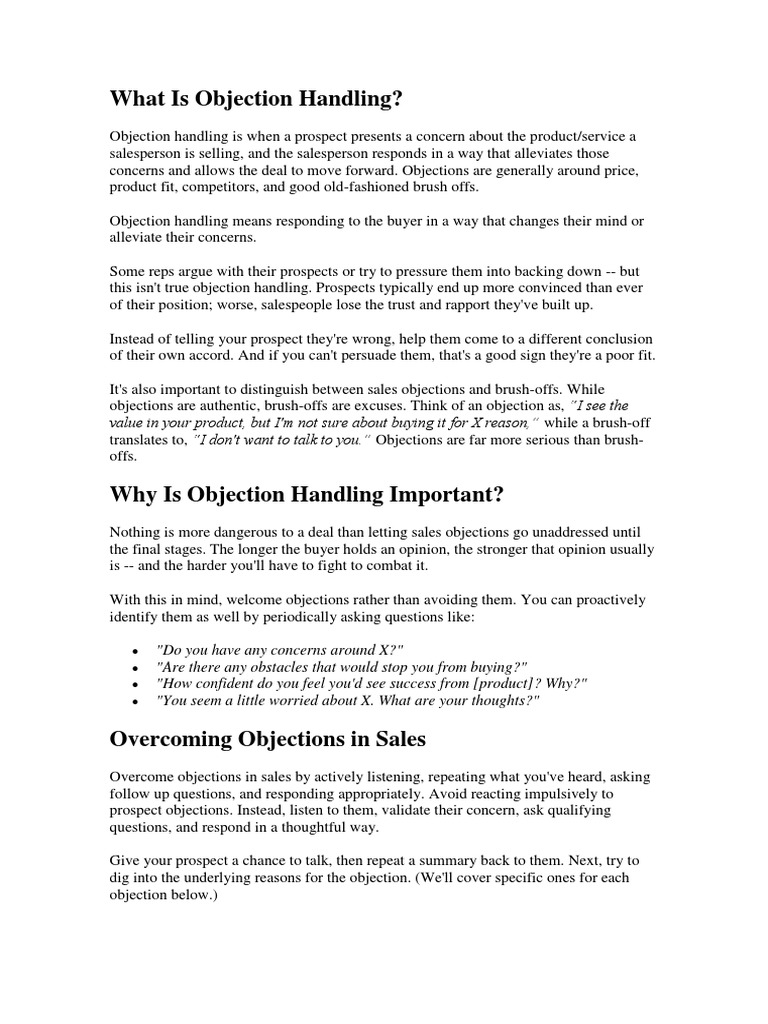 Overcoming Objections Pdf Sales Strategic Management