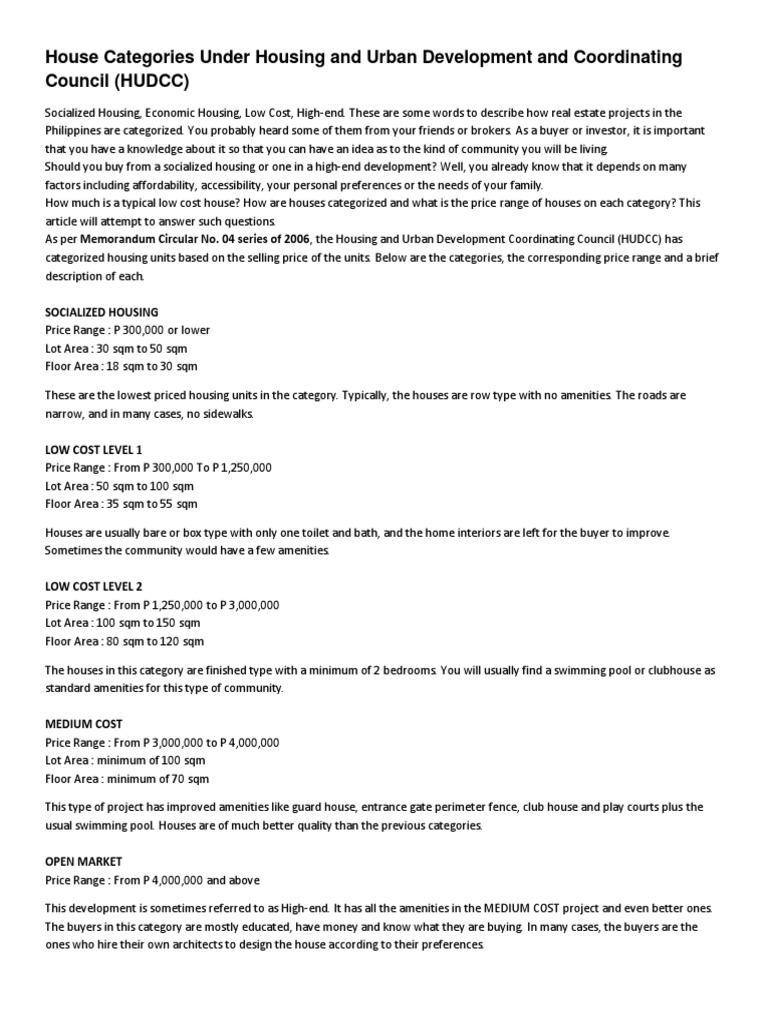 House Categories Under Housing and Urban Development and Coordinating ...