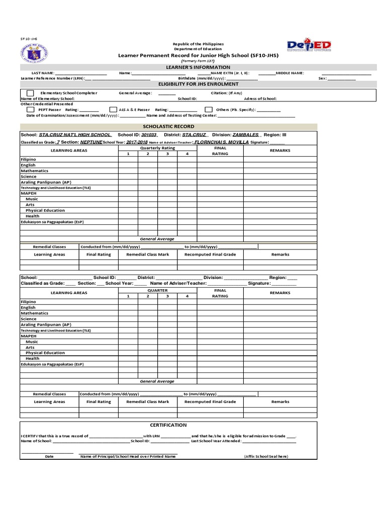 SF10 Word | PDF | Physical Education | Cognition