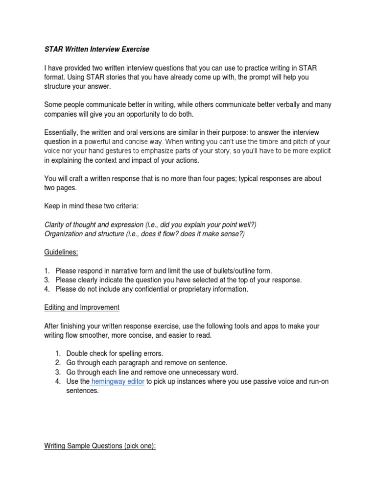 Star Written Interview Exercise | PDF | Interview | Question