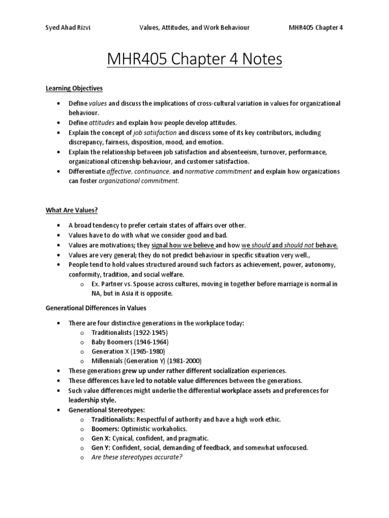 MHR405 Chapter 4 Notes | PDF | Job Satisfaction | Turnover (Employment)