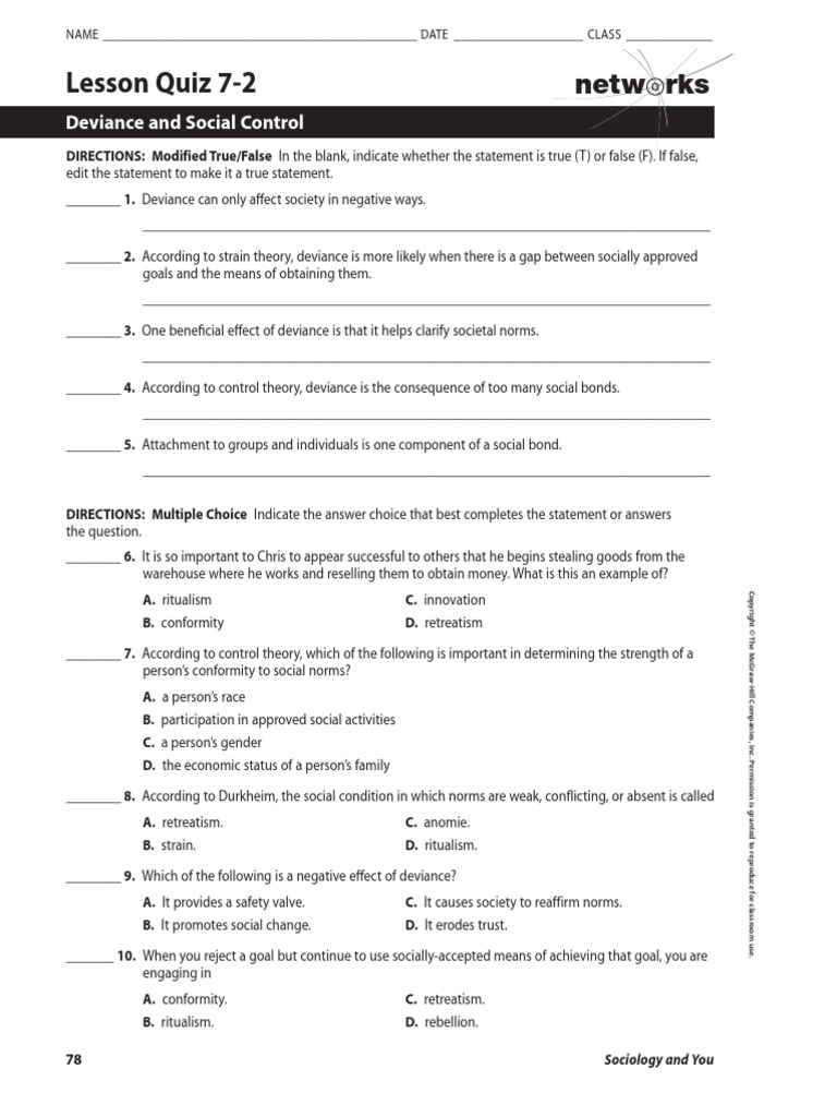 Ch. 7 Lesson 2 Quiz | PDF | Deviance (Sociology) | Sociological Theories