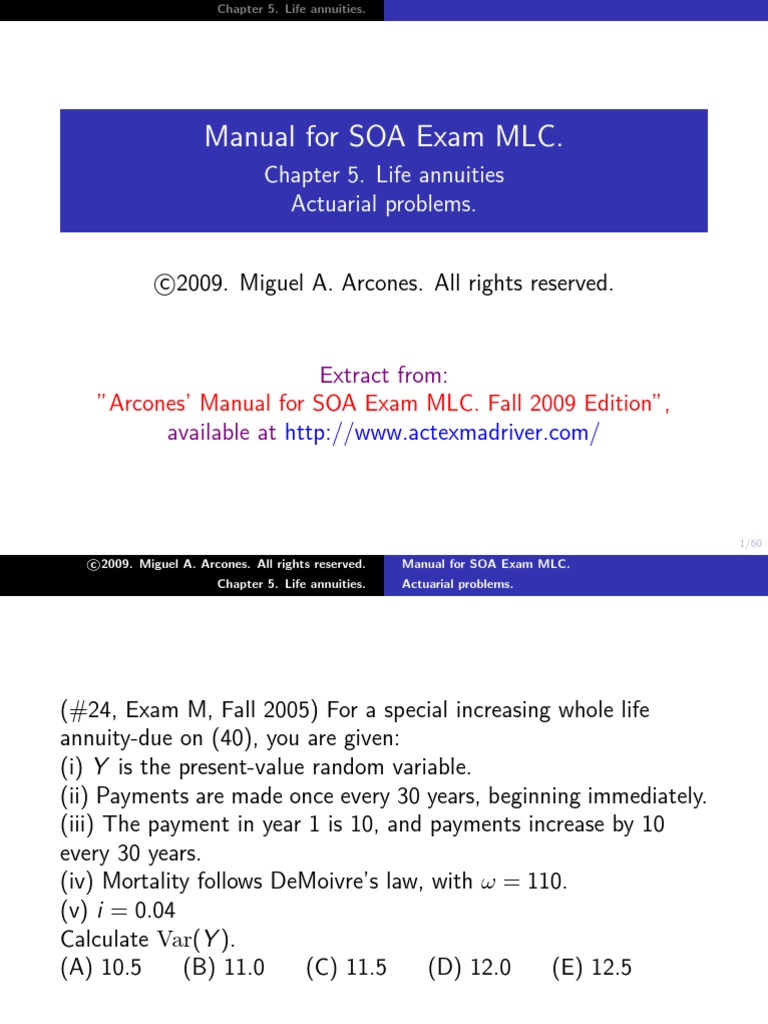 Manual For SOA Exam MLC.: Chapter 5. Life Annuities Actuarial Problems | PDF | Annuity (European ...