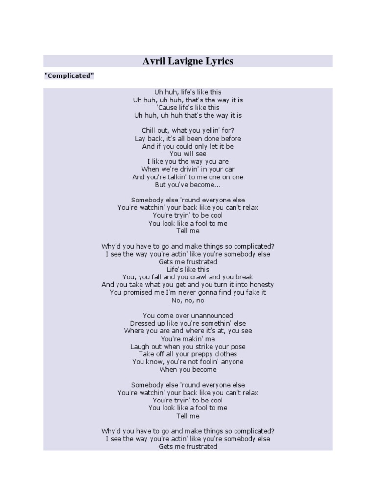 Avril Lavigne Lyrics: "Complicated" | PDF