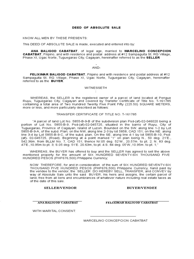 Deed of Sale Sample | PDF | Civil Law (Common Law) | Property Law