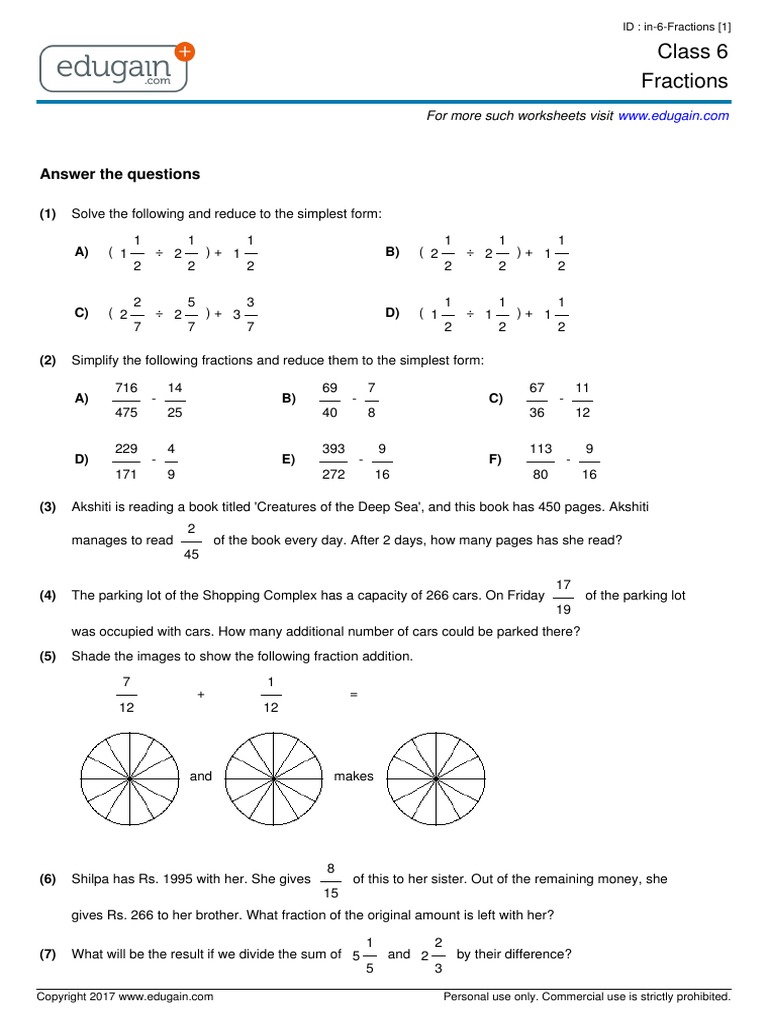 Class 6 Fractions: Answer The Questions | PDF | Fraction (Mathematics ...