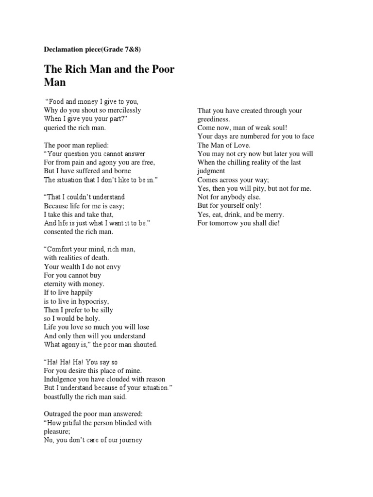 The Rich Man and The Poor Man: Declamation Piece (Grade 7&8) | PDF