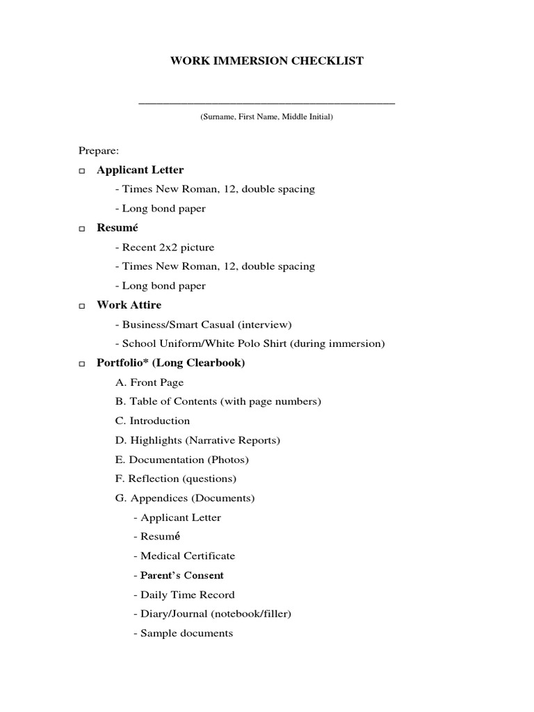 Work Immersion Checklist | PDF