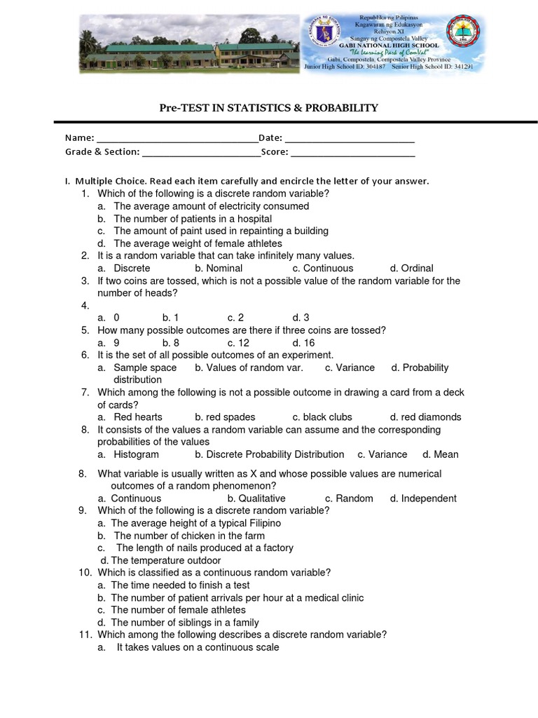 Pre Test | PDF | Probability Distribution | Random Variable