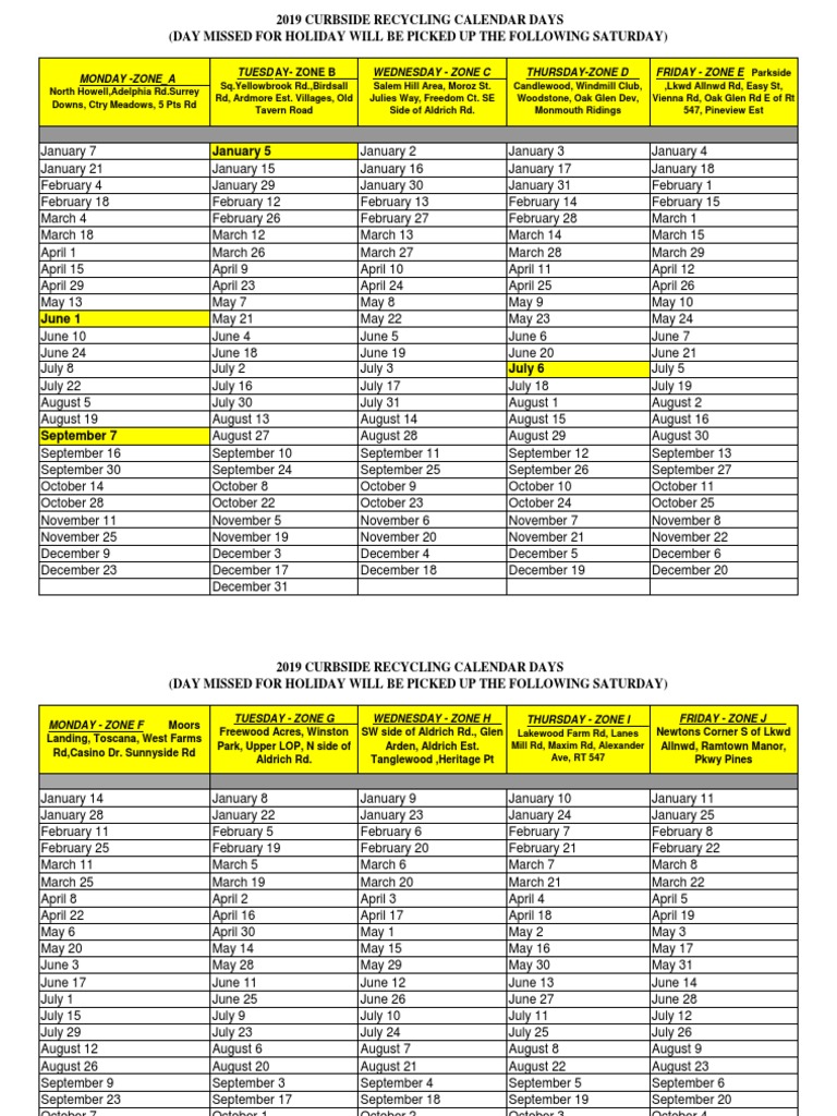 2019 Curbside Recycling Calendar Days | PDF