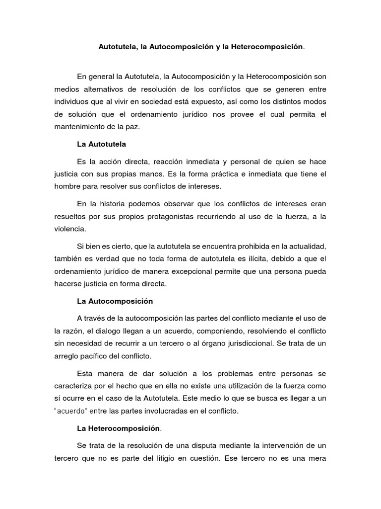 Autotutela, la Autocomposición y la Heterocomposición | Conflicto ...