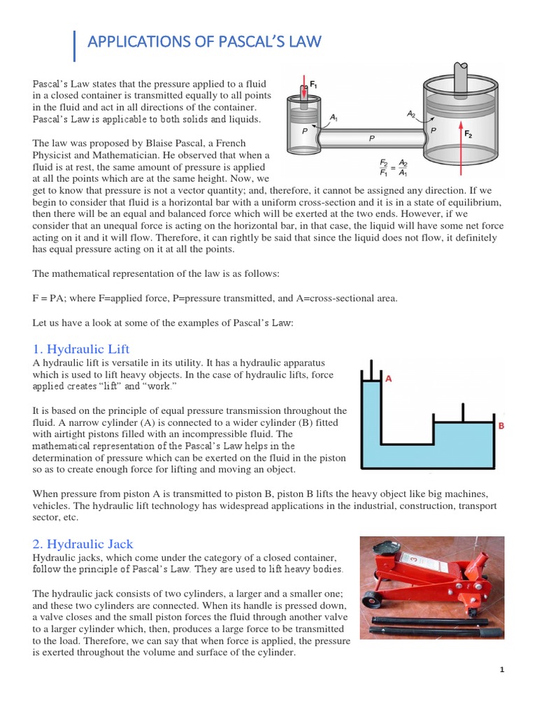 Applications of Pascal's Law | PDF | Brake | Pressure