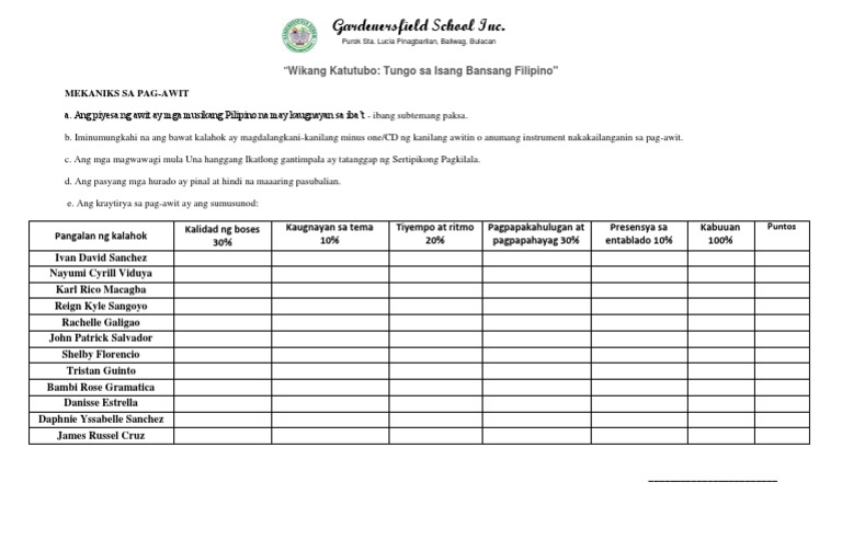 Singing Contest Criteria Buwan NG Wika | PDF