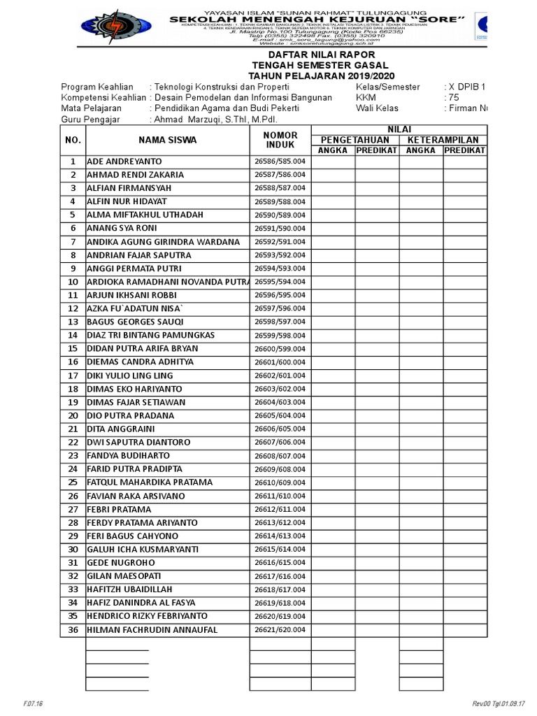 01 Format Daftar Nilai UTS Kelas X 2019 | PDF