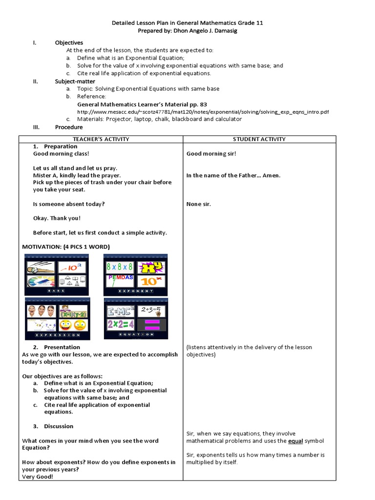 Lesson Plan For Exponential Equation Using Same Base | PDF ...