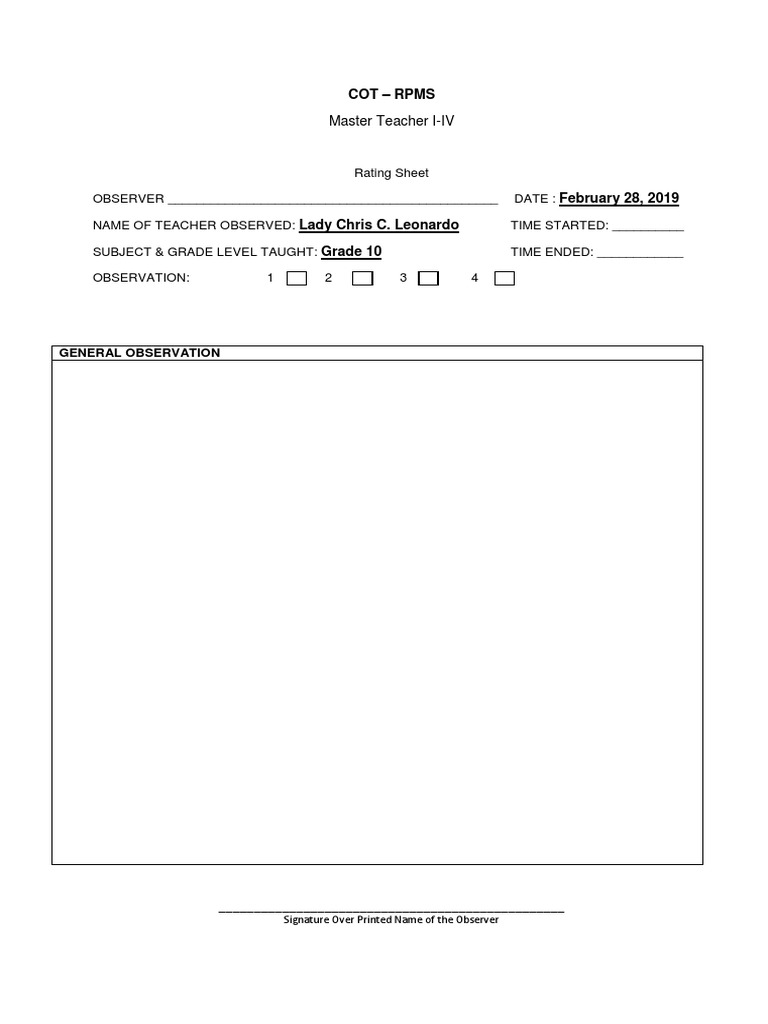 COT Observation Notes Template 2024 | PDF