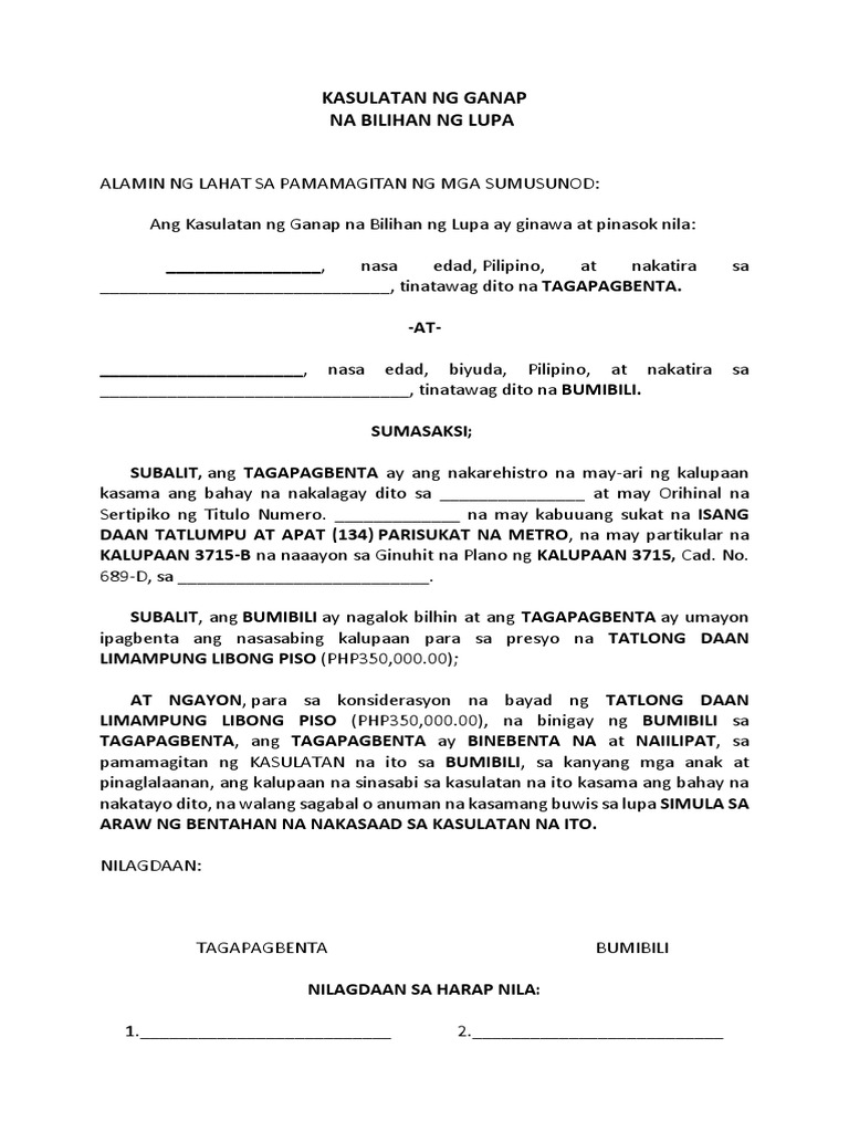 Deed of Absolute Sale Tagalog | PDF