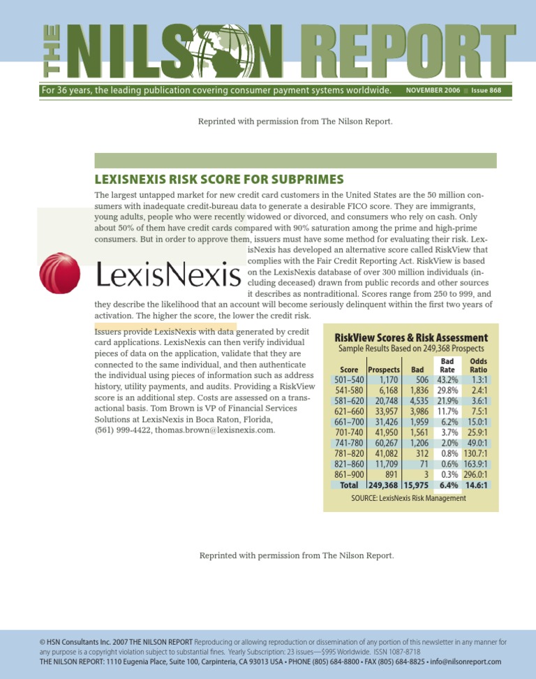 Nilson Report - LexisNexis Risk Score For Subprimes | PDF | Credit Card ...