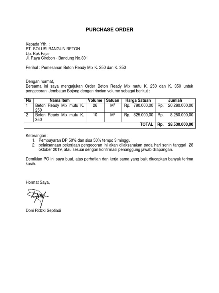 Contoh Surat Purchase Order Beton | PDF