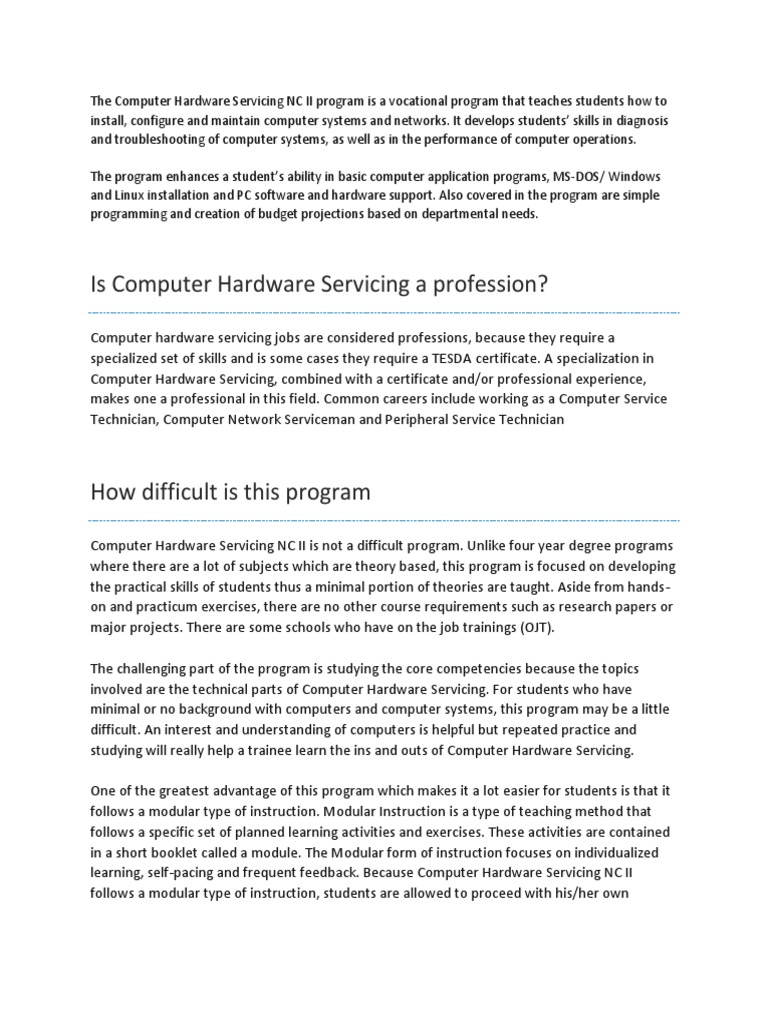 The Computer Hardware Servicing NC II Program Is A Vocational Program ...