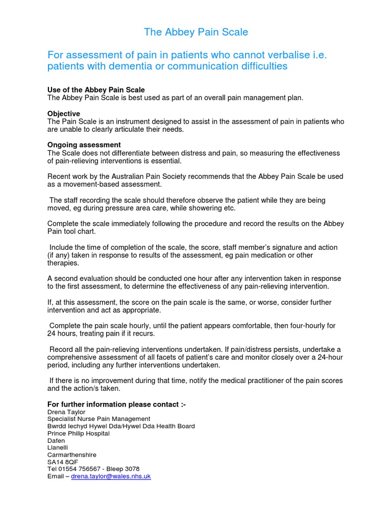 The Abbey Pain Scale For Assessment of Pain in Patients Who Cannot ...