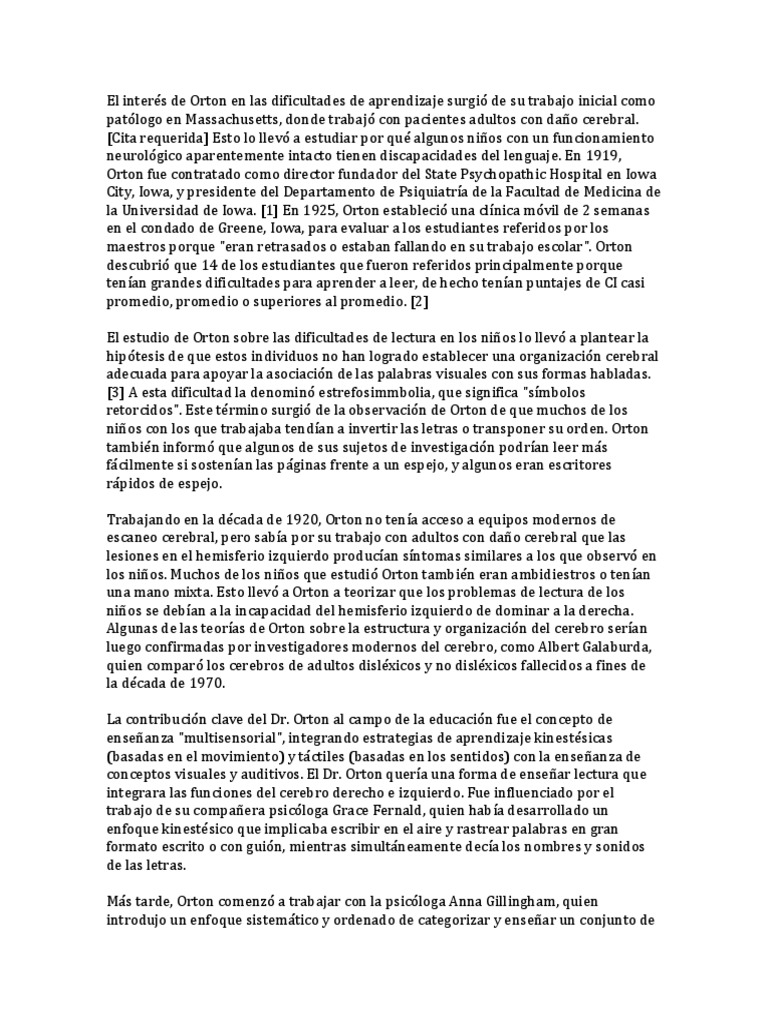 Orton y el Método de Dislexia | PDF | Dislexia | Hemisferio cerebral