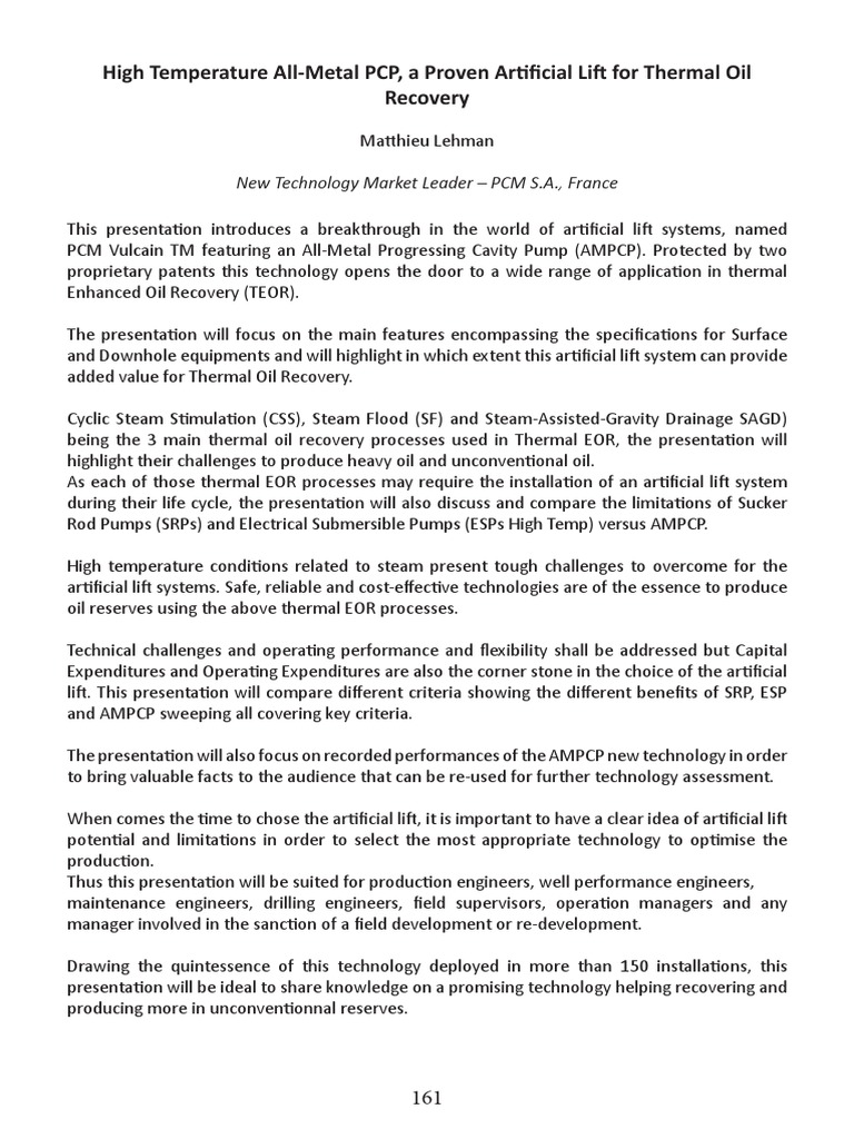 High Temperature All-Metal PCP, A Proven Artificial Lift For Thermal Oil Recovery | PDF ...