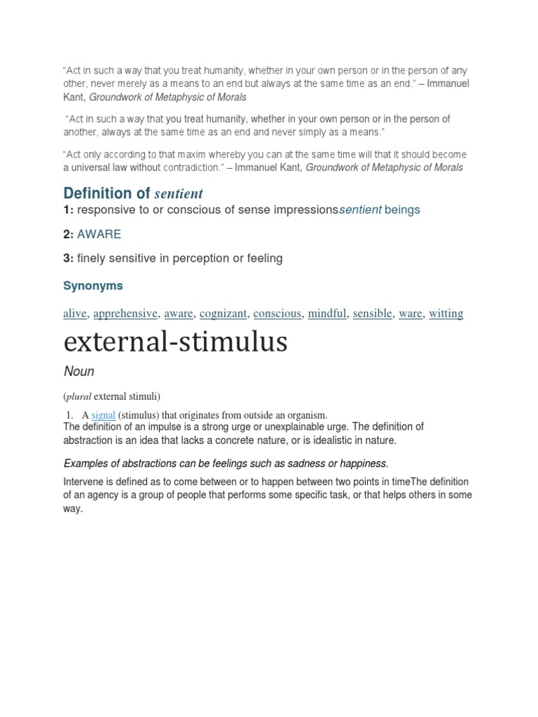 External-Stimulus: Definition of Sentient | PDF