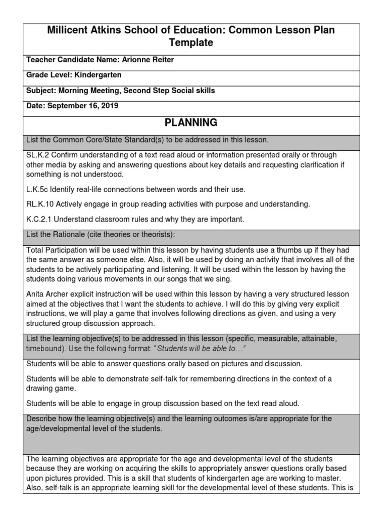 Millicent Atkins School of Education: Common Lesson Plan Template | PDF ...
