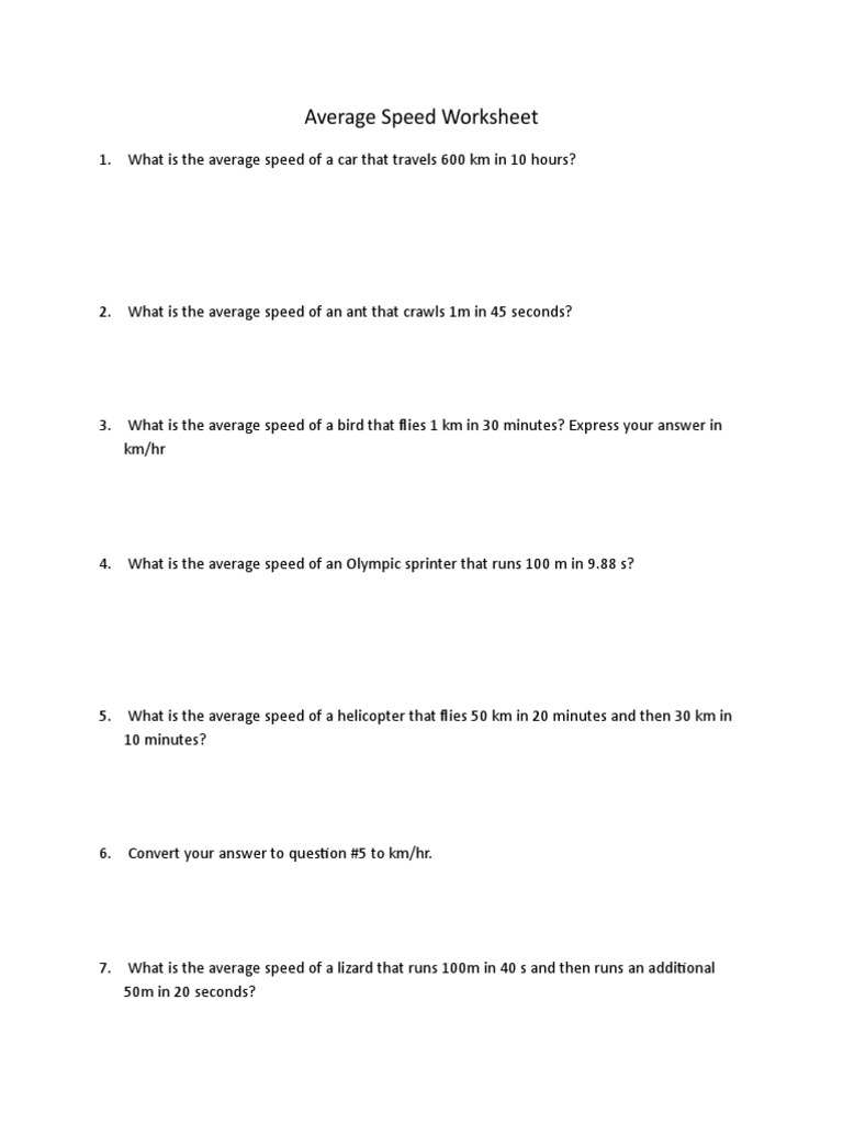 Average Speed Worksheet
