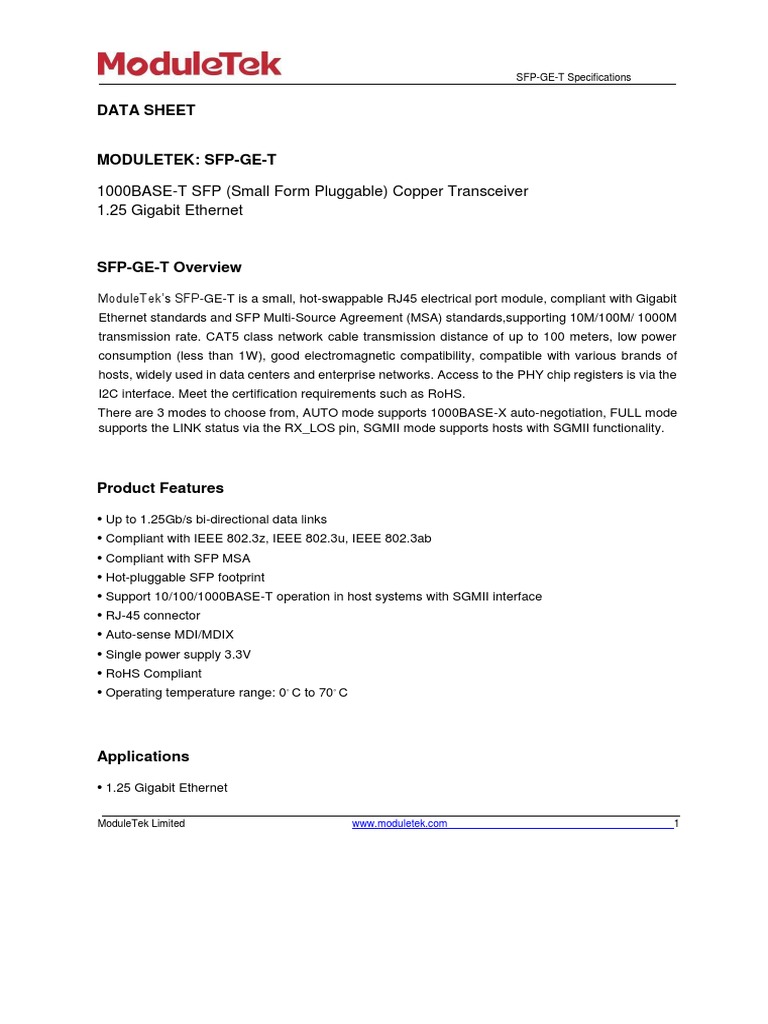 Data Sheet: 1000BASE-T SFP (Small Form Pluggable) Copper Transceiver 1.25 Gigabit Ethernet ...