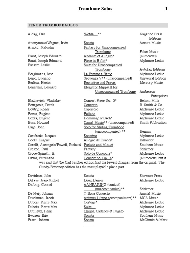 Tenor and Bass Trombone Solos | PDF | Concerto | Trombone