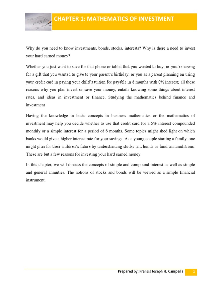Chapter 1: Mathematics of Investment: Prepared By: Francis Joseph H ...