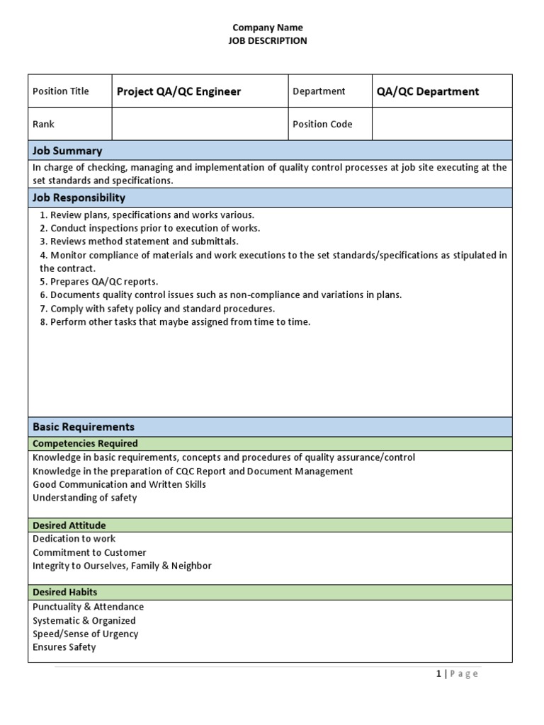 Project QA/QC Engineer Job Description | PDF