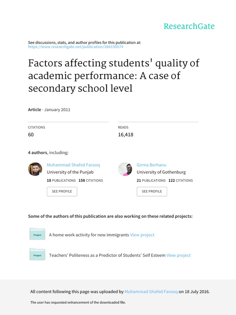Factors Affecting Students' Quality of Academic Performance: A Case of Secondary School Level ...