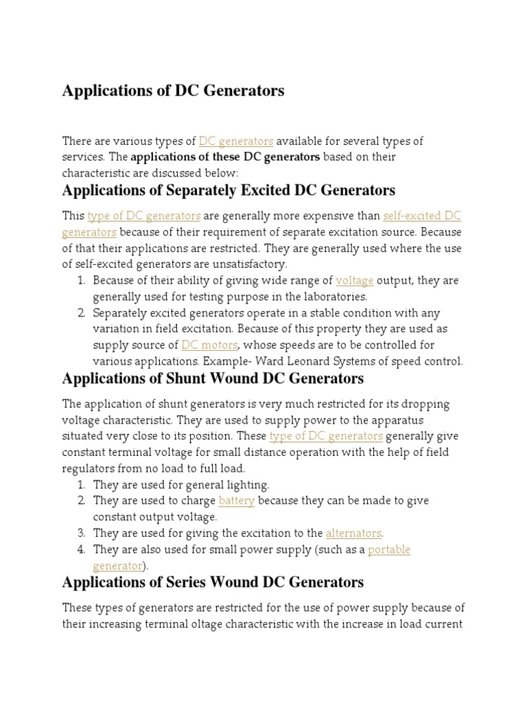 Applications of DC Generators Explained | PDF | Direct Current | Power ...