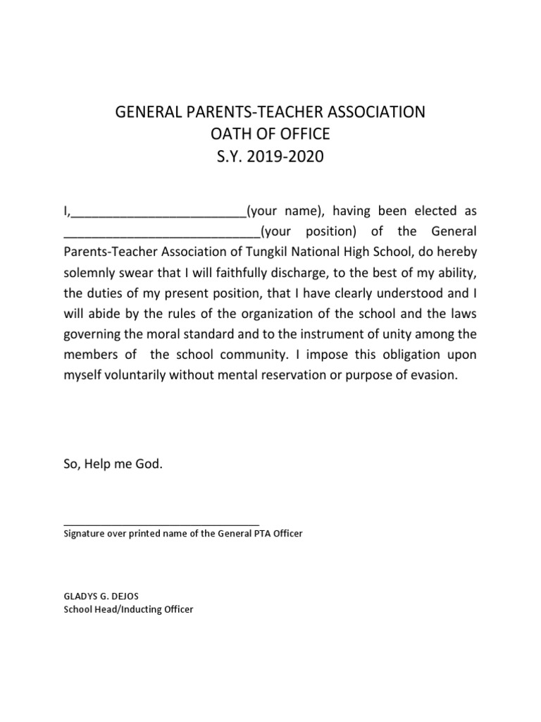 General Parents-Teacher Association Oath of Office S.Y. 2019-2020 | PDF