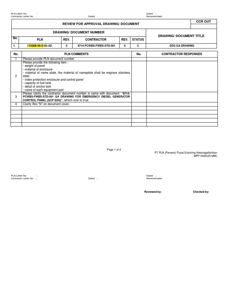 Review For Approval Drawing/ Document CCR Out: No - PLN Rev. Contractor ...