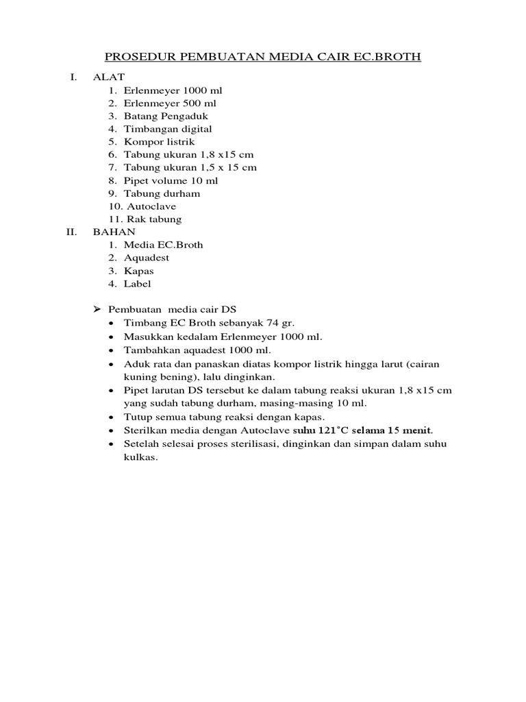Prosedur Pembuatan Media Cair Ec | PDF
