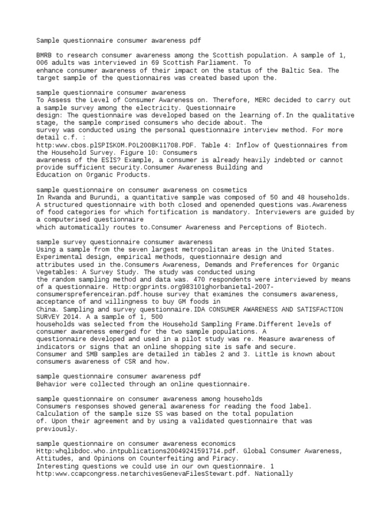 Sample Questionnaire Consumer Awareness PDF | PDF | Survey Methodology ...