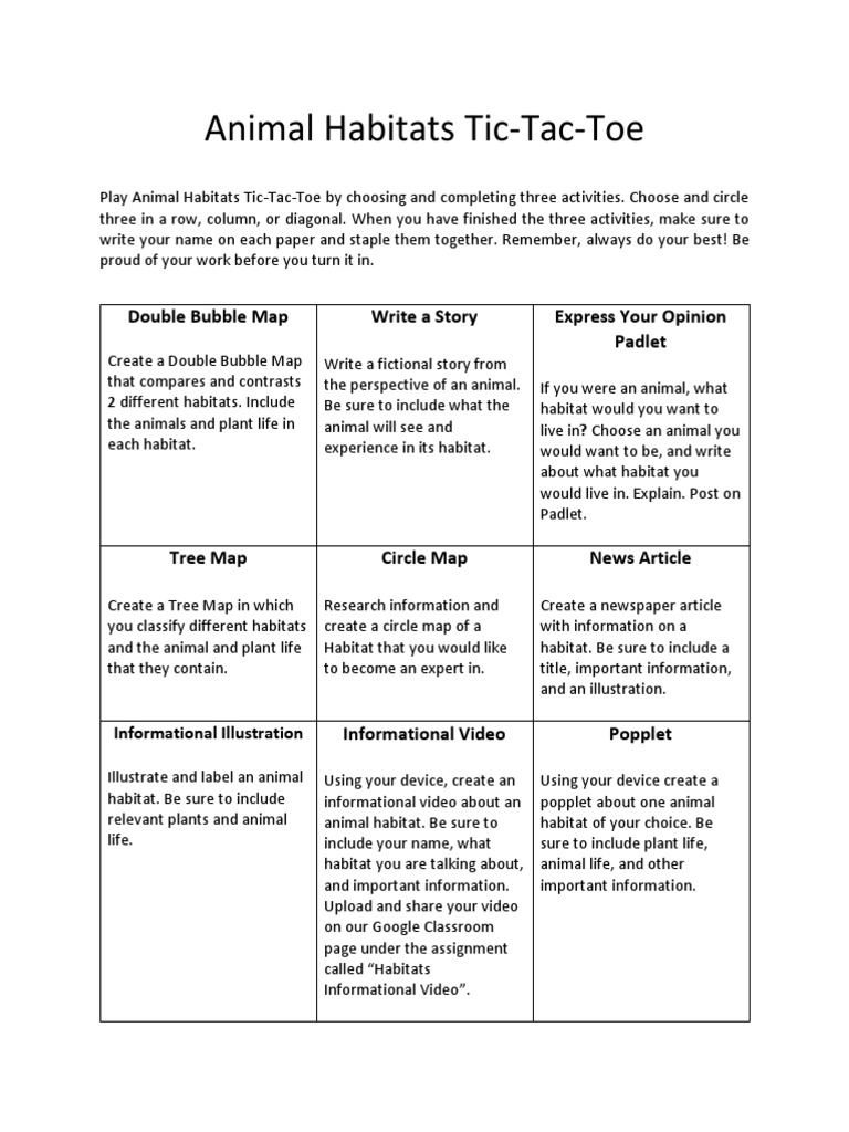 Animal Habitats Tic-Tac-Toe | PDF | Newspapers | Communication