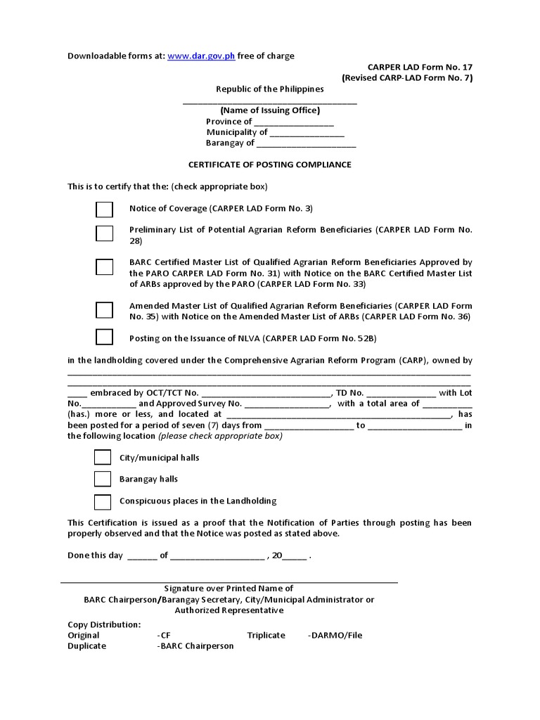 Carper Lad Form No 17 Certificate of Posting Compliance | PDF | Justice | Crime & Violence