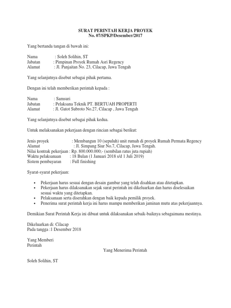 Contoh Surat Perintah Kerja Proyek | PDF