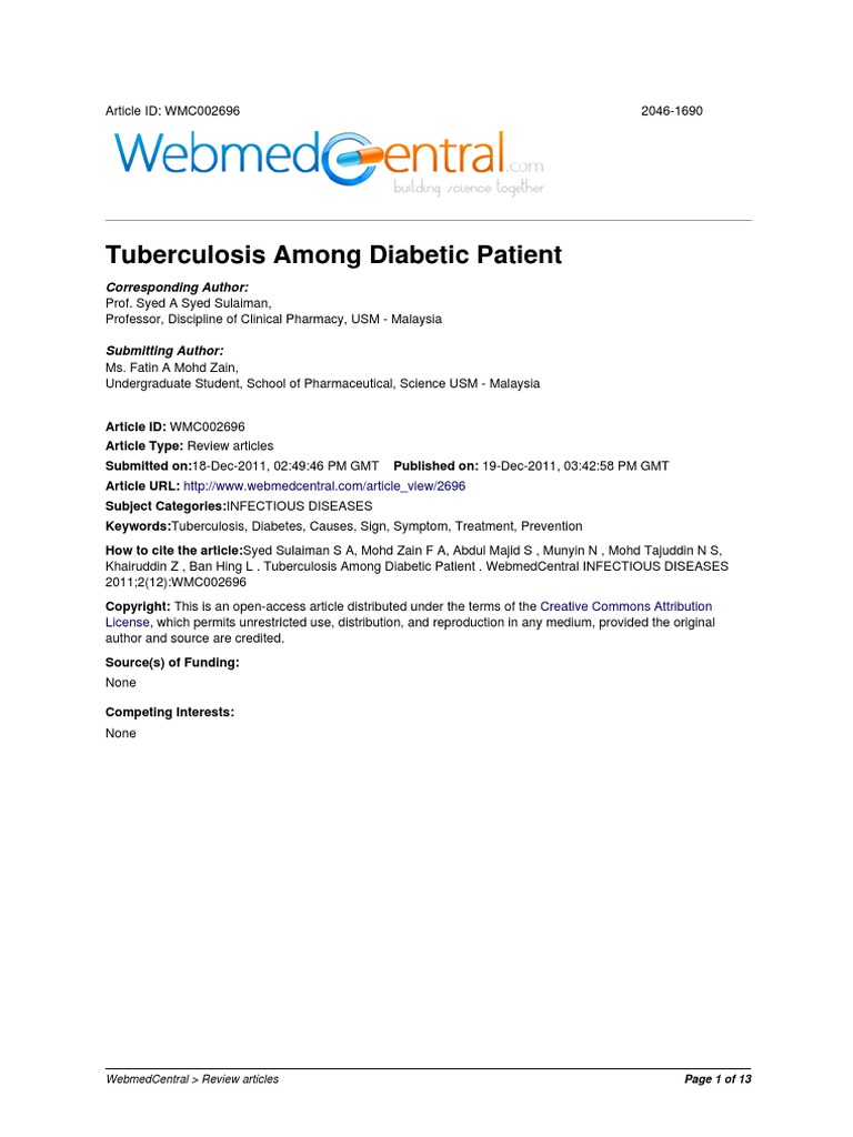 Tuberculosis Among Diabetic Patient: Corresponding Author | PDF ...
