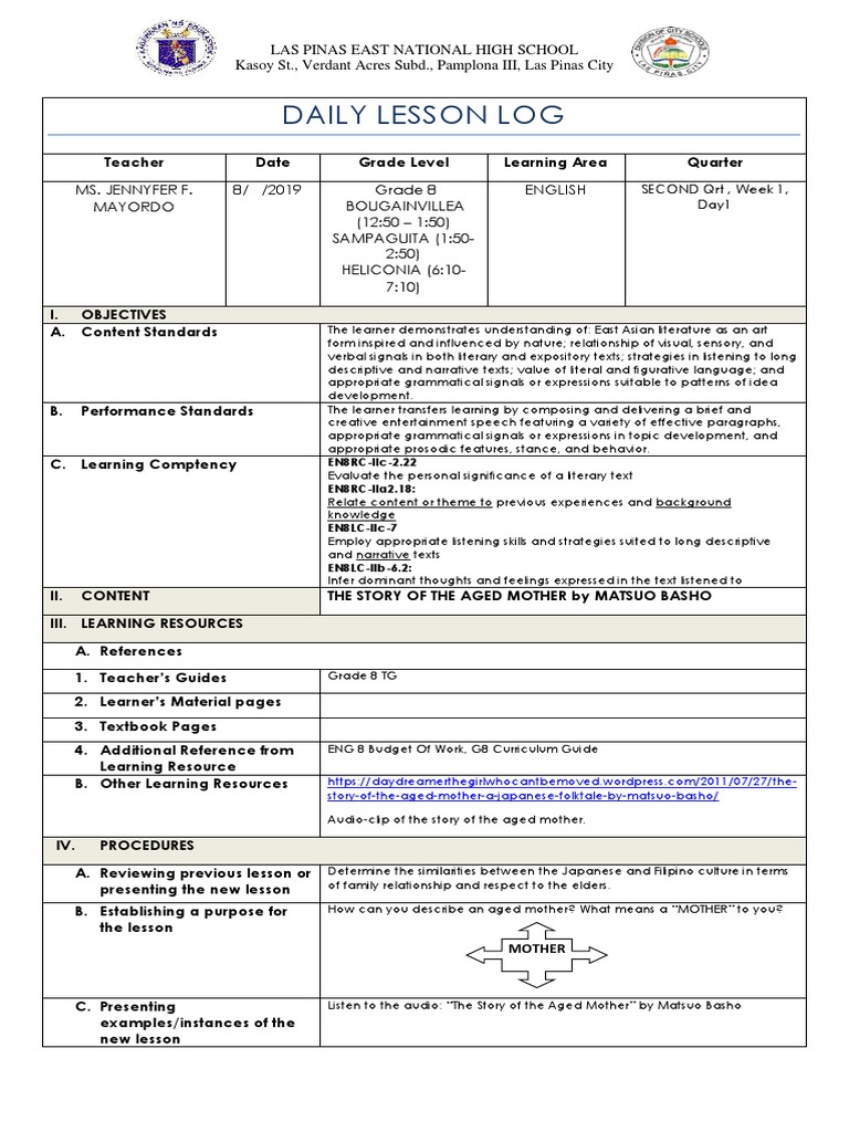 Daily Lesson Log: Las Pinas East National High School Kasoy ST ...